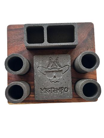 Juego de Tequileros de Piedra Volcánica con Base de Madera | Artesanía ...